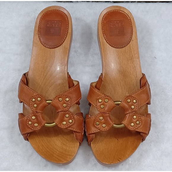 Frye | Shoes | Frye Ellie Ring Studded Slides Wood Wedge Warm Brown ...